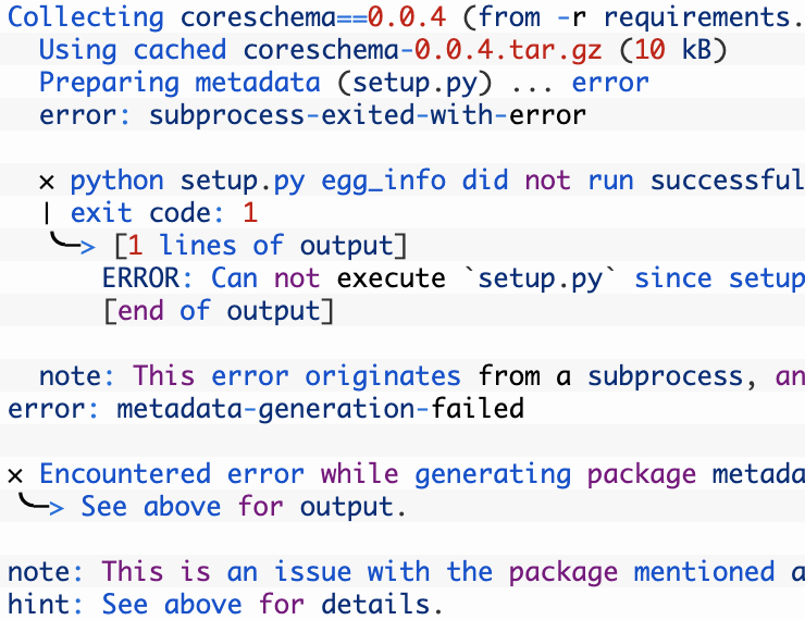 coreschema install時に「ERROR: Can not execute `setup.py` since setuptools ... coreschema install時に「ERROR: Can not execute `setup.py` since setuptools ...